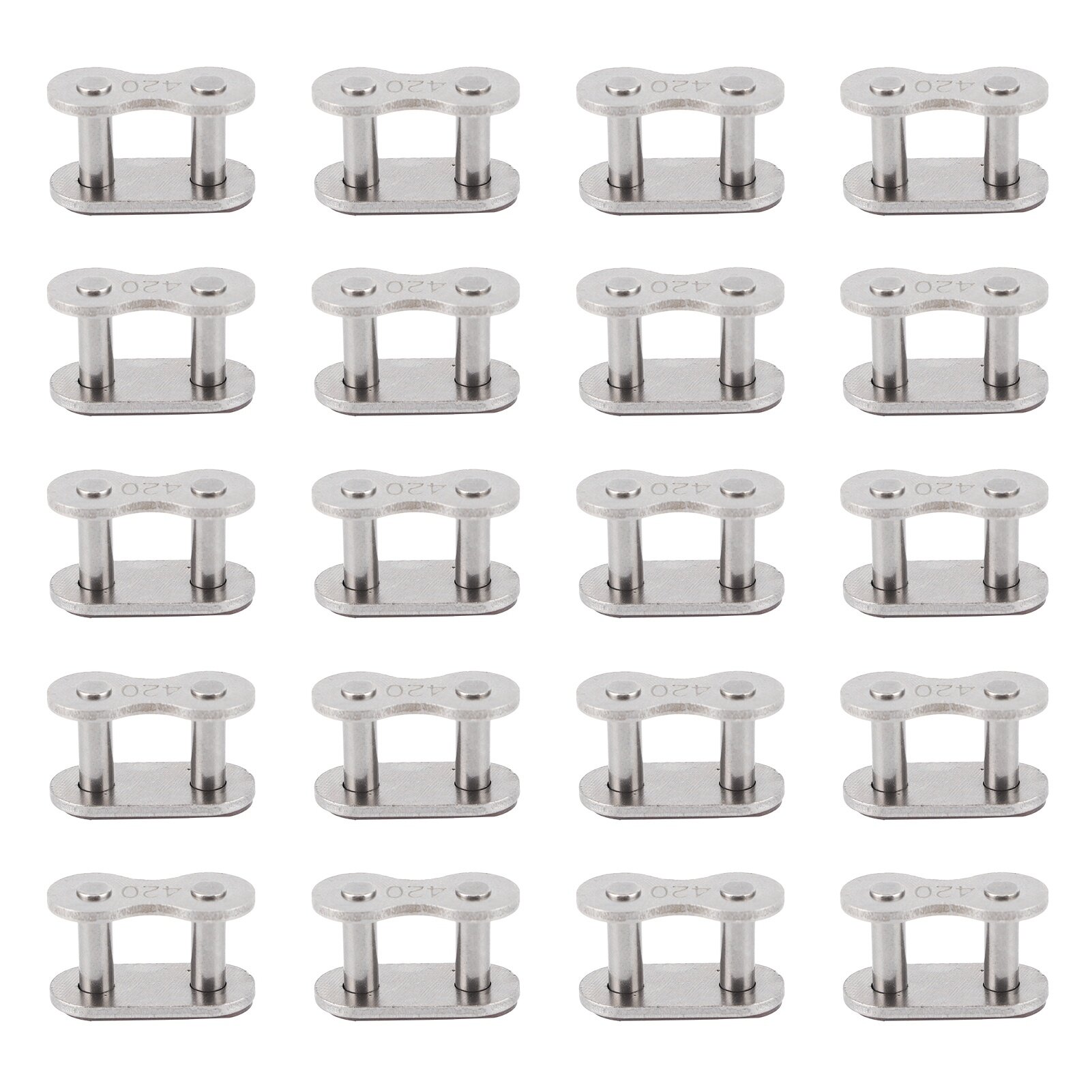 Комплект из 20 соединительных звеньев цепи 420 подходит для питбайков, внедорожных квадроциклов и мотоциклов объемом двигателя 50cc, 70cc, 90cc, 110cc, 125cc.