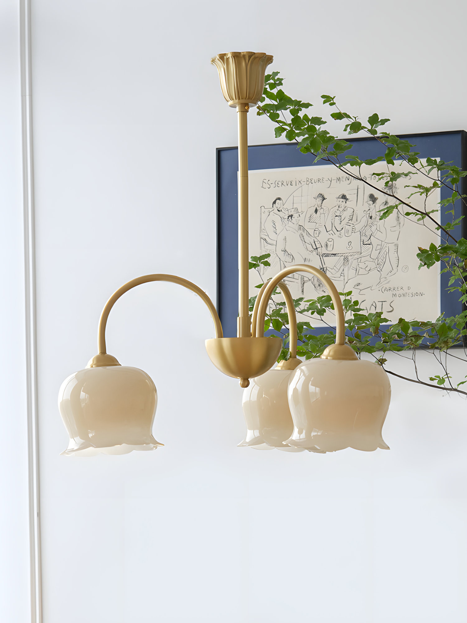 Люстра французский стиль 3 плафона кремовый цветок лилии, из кованого железа, стекло E27, 50 см-трехцветный свет