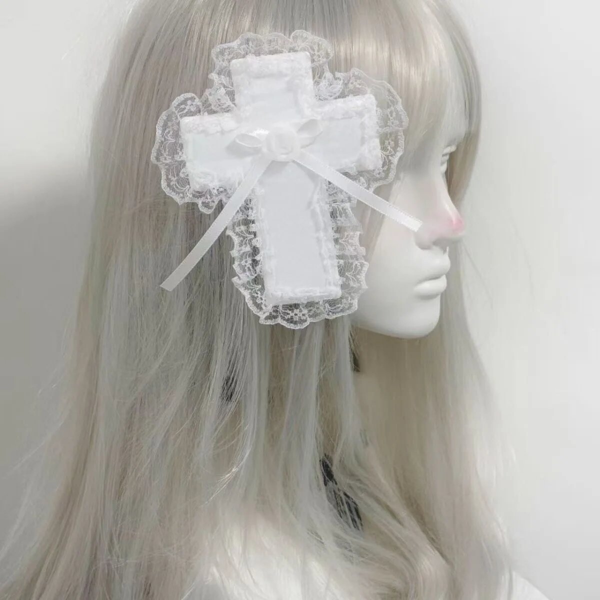 Заколка для волос в форме сердца/креста с белым кружевом Y2k B