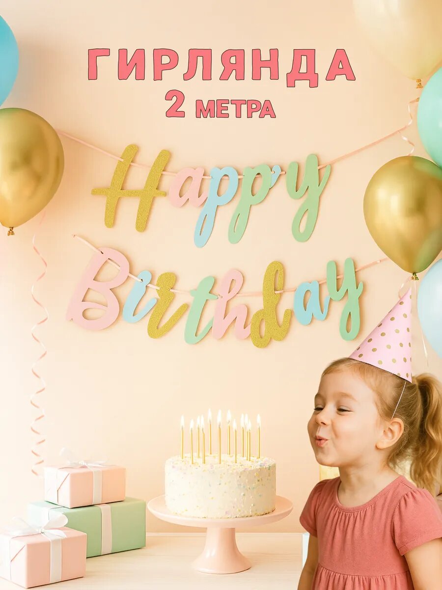 Растяжка с днем рождения Happy Birthday. Гирлянда интерьерная, надпись на стену, курсив. Длина 200 см.