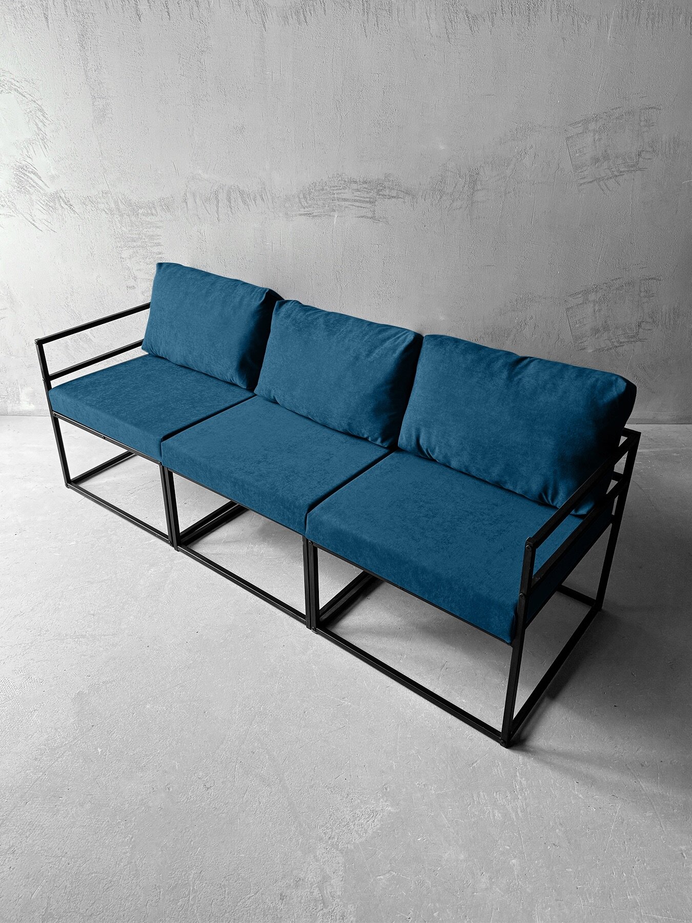 Диван мягкий удобный для отдыха, уличный, на балкон, веранду, лофт, минимализм, "Композит" синий велюр 3 секции