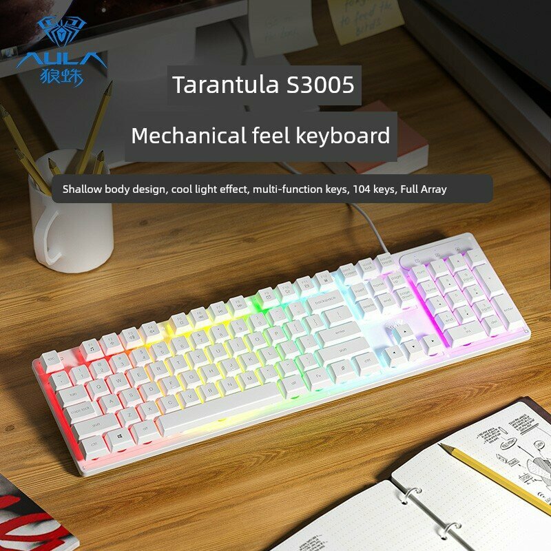 Проводная офисная бесшумная клавиатура Wolf Spider (AULA) S3005 с механическим ощущением и крутой подсветкой Белые