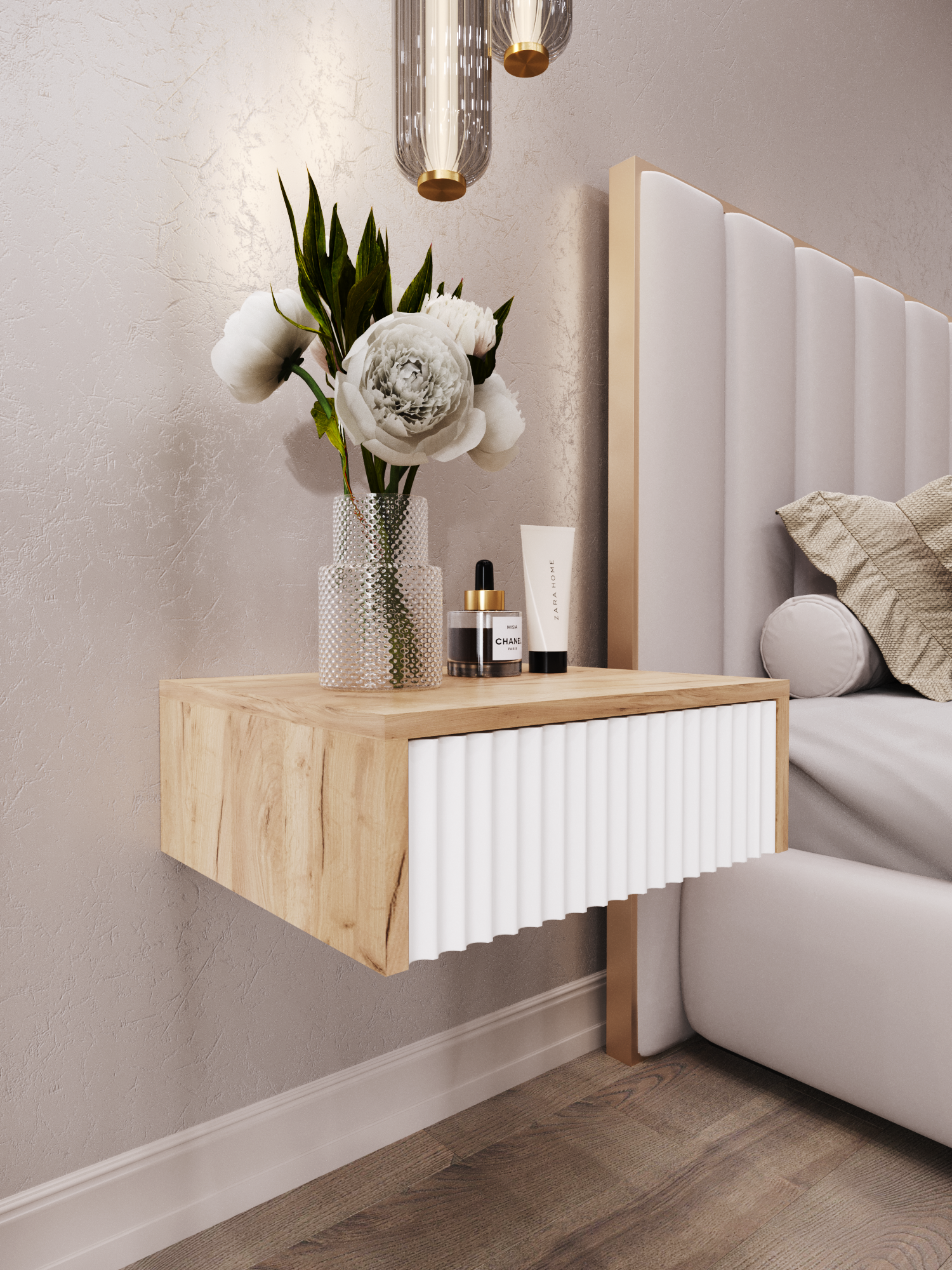 Тумба прикроватная, ЛДСП, МДФ, дуб золотой, подвесная, 40x35x15 см