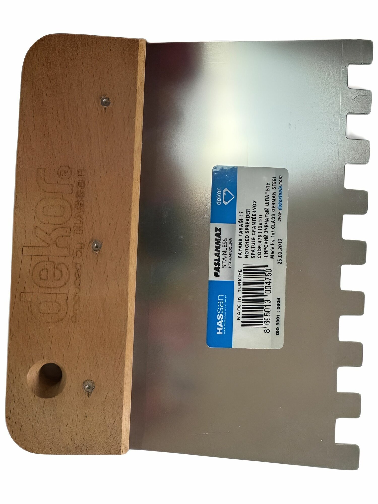 Широкий шпатель DEKOR HASSAN 170х80 мм, зуб 10х10 мм, деревянная ручка 476 dr