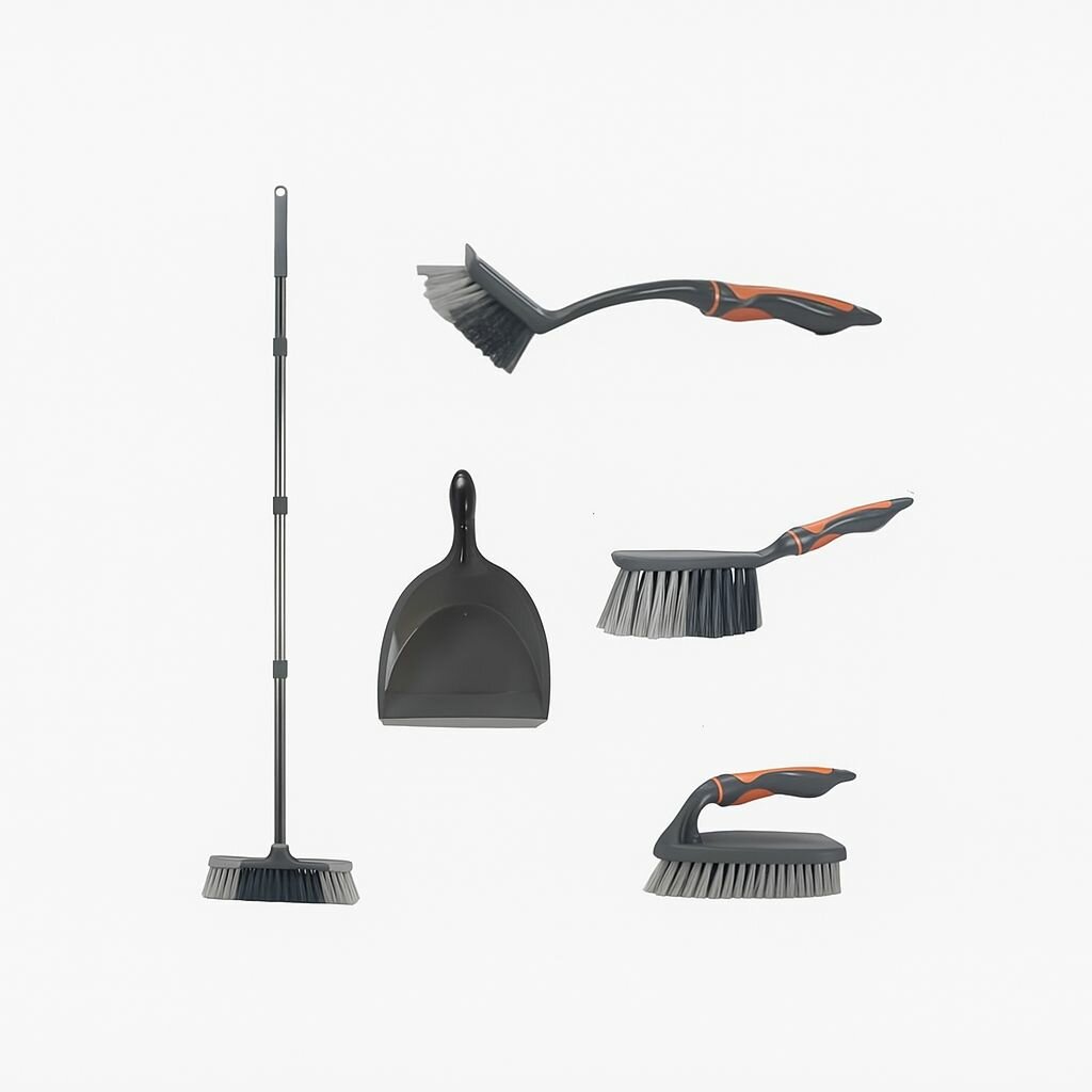 Набор для уборки 5 в 1 : щётка-метла с ручкой, совок и щётки для кухни и ванной