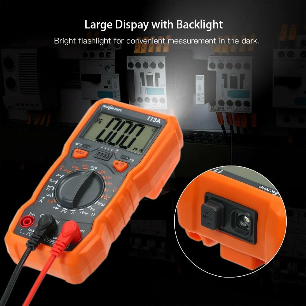 Мультиметр RICHMETERS RM113A, 2000 отсчетов, NCV, HFE, измерение AC/DC напряжения, магнит, подсветка, большой экран