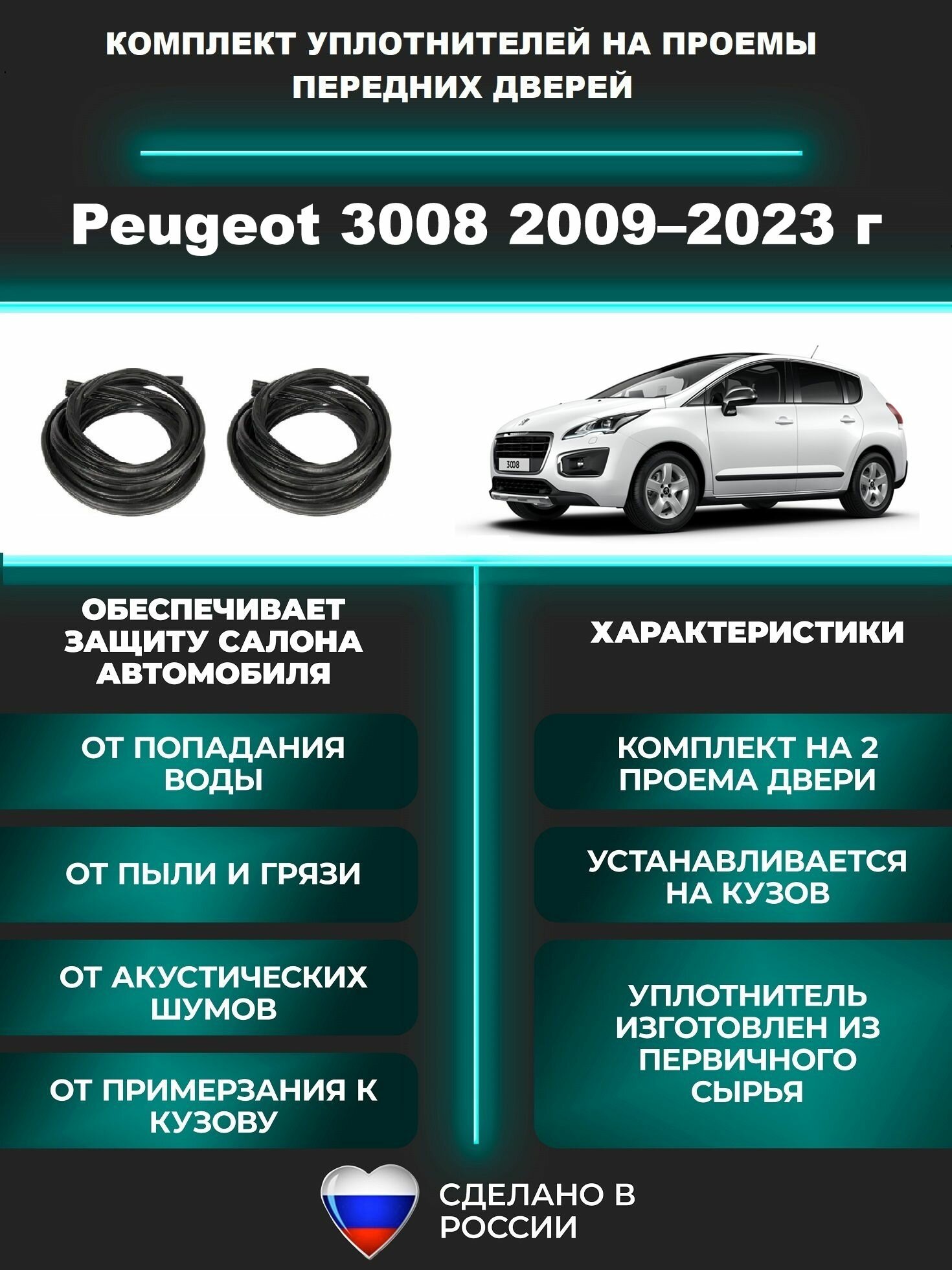 Комплект уплотнителей проема передних дверей на Peugeot 3008 2009-2023 г/ уплотнитель для Пежо 3008