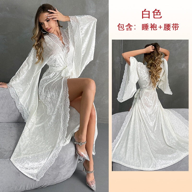 Ночная рубашка из бархатного кружева, длинные рукава-колокольчики на шнуровке, многоцветная сексуальная домашняя одежда 623