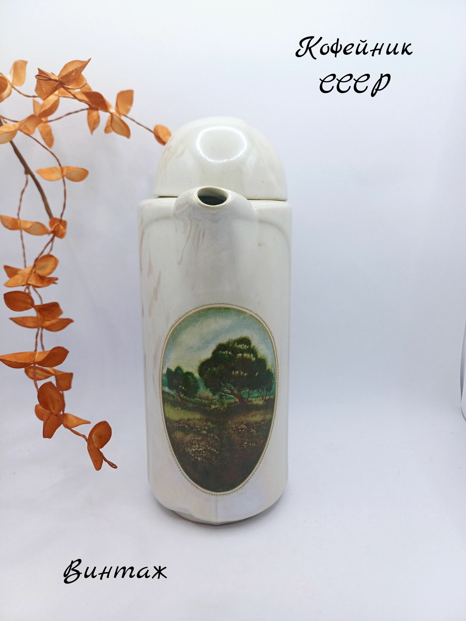 Чайник заварочный / Кофейник с рисунком Пейзаж винтажный, фарфор, деколь, Бугульминский фарфоровый завод СССР
