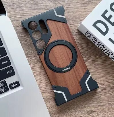 Чехол на Samsung Galaxy S22 Ultra 5G, Wood Black, магнитный