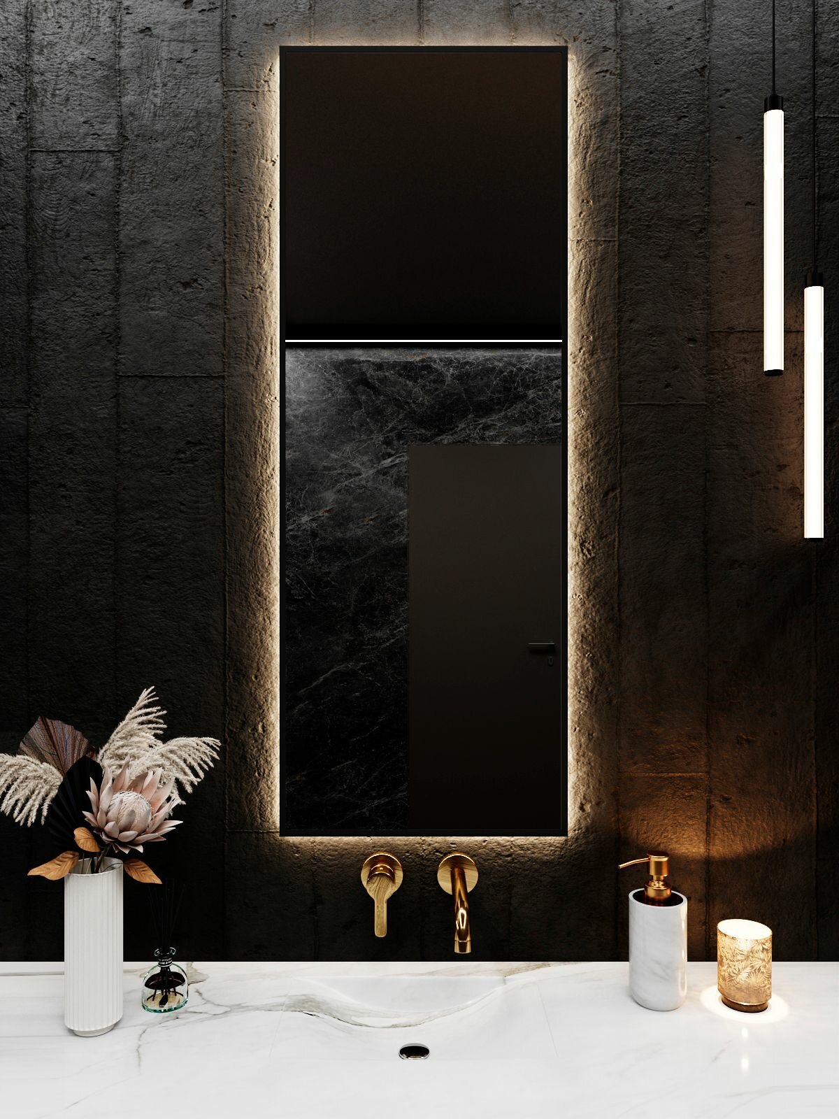 Зеркало в ванную 120х40 см. черное с подсветкой. Свет: Нейтральный белый 4500К. В алюминиевой раме настенное MOONRISE