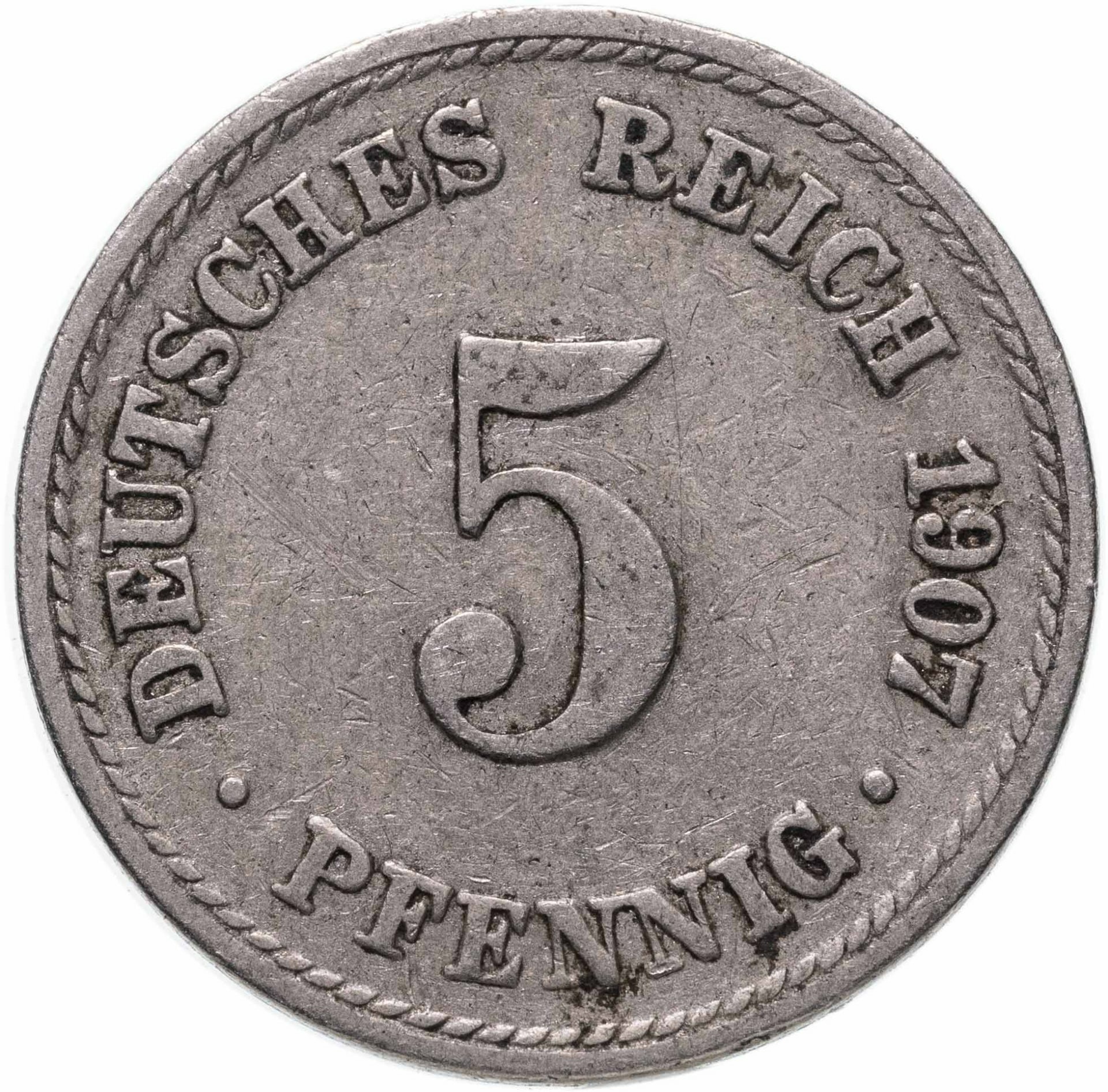 Германия 5 пфеннигов pfennig 1907, знак монетного двора: "A" - Берлин, Мельхиор медь-никель, в сохранности VF