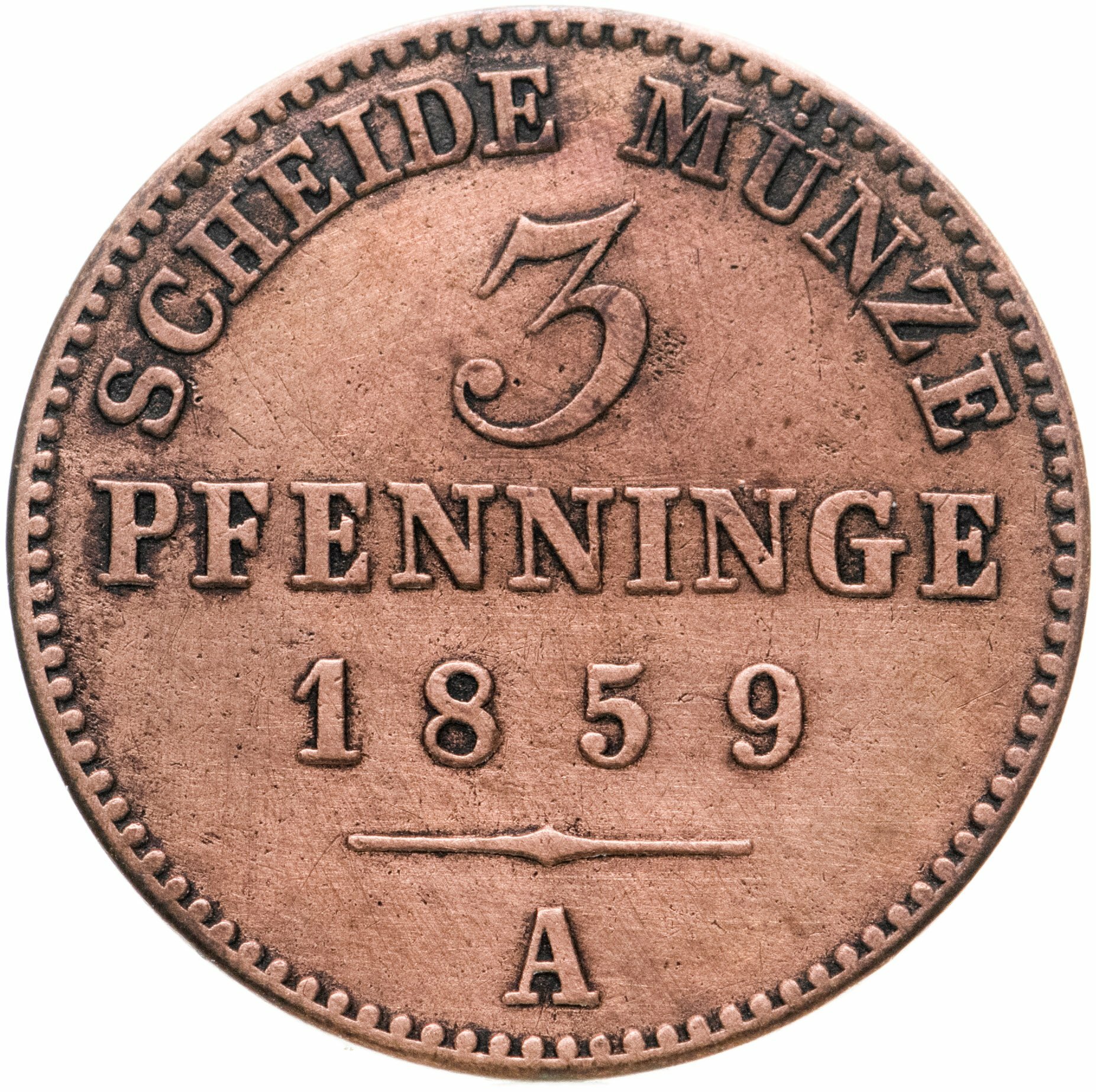 Германия, Пруссия 3 пфеннига 1859, Медь, в сохранности VF