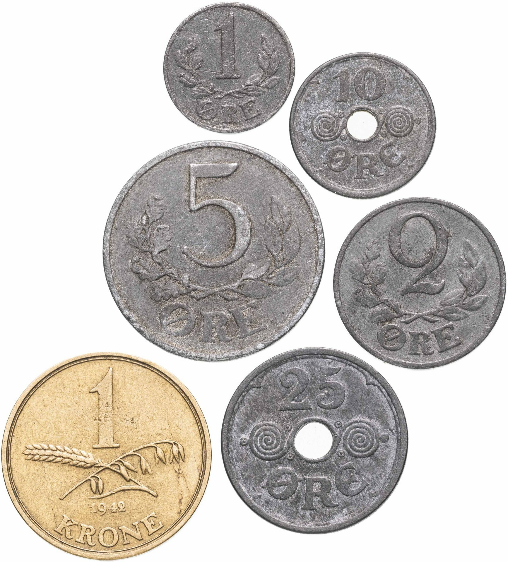 Дания набор монет для обращения 1941-1942 6 шт, Цинк, Алюминевая Бронза, в сохранности VF-XF