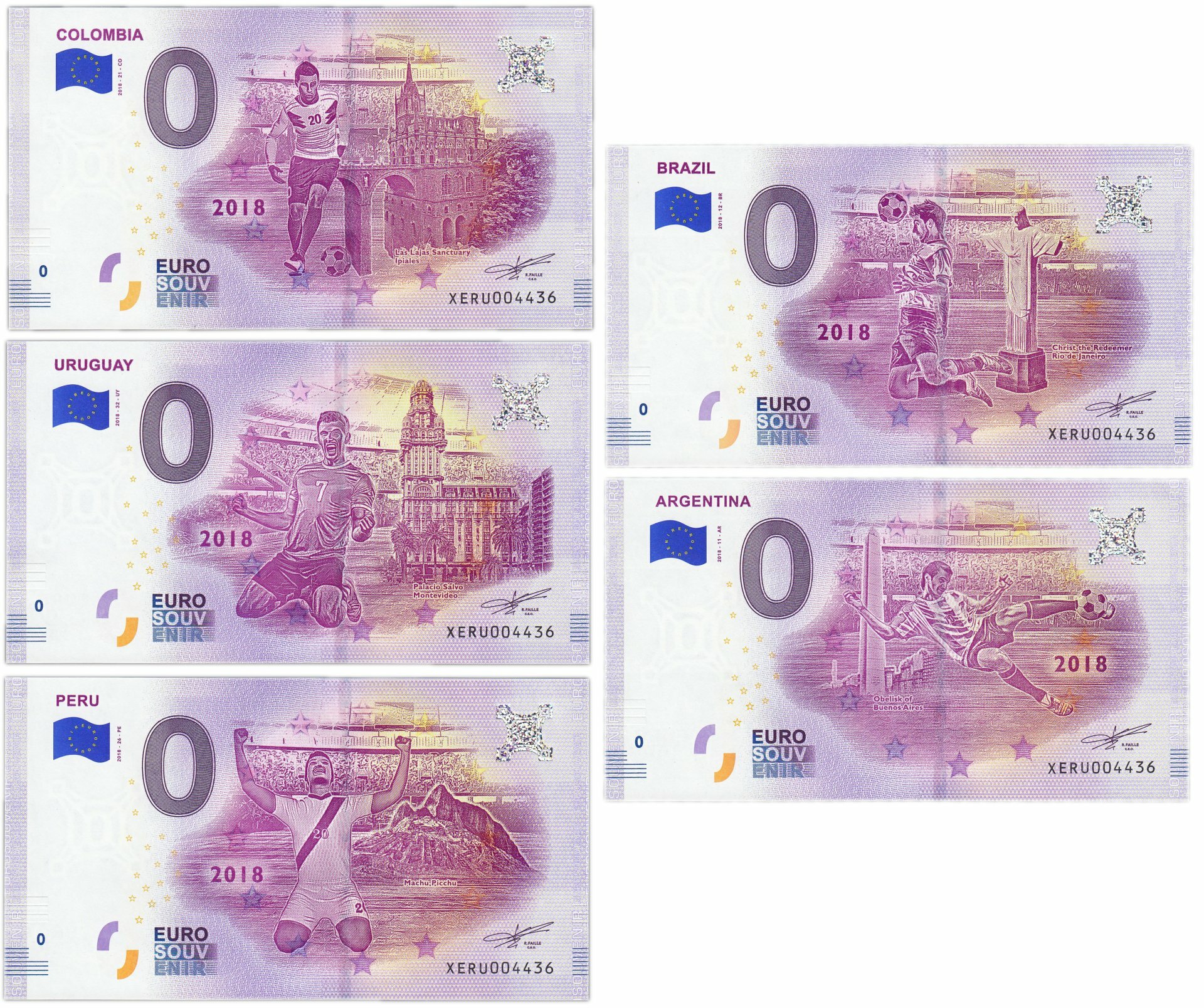 Набор из 5 банкнот 0 Евро 2018 "Чемпионат мира по Футболу в России", Южно-Американские страны