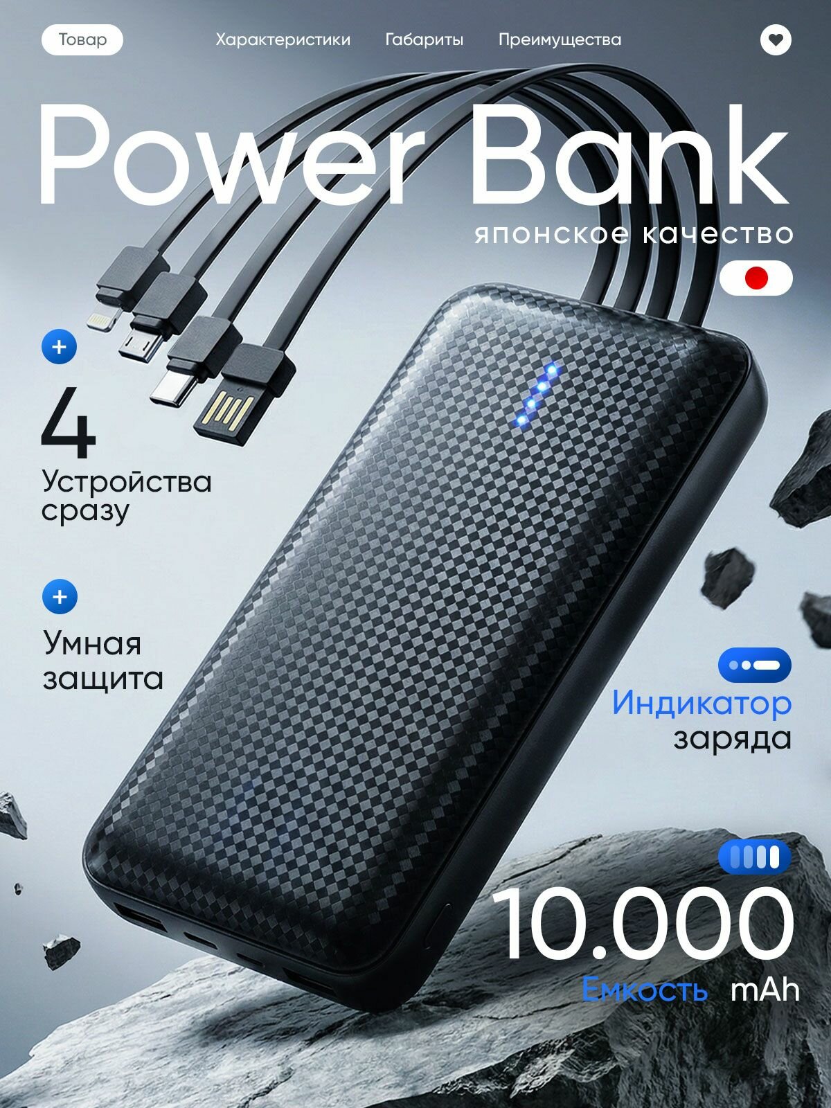 Внешний аккумулятор 10000 mAh с встроенными кабелями, быстрая зарядка, повербанк для телефона