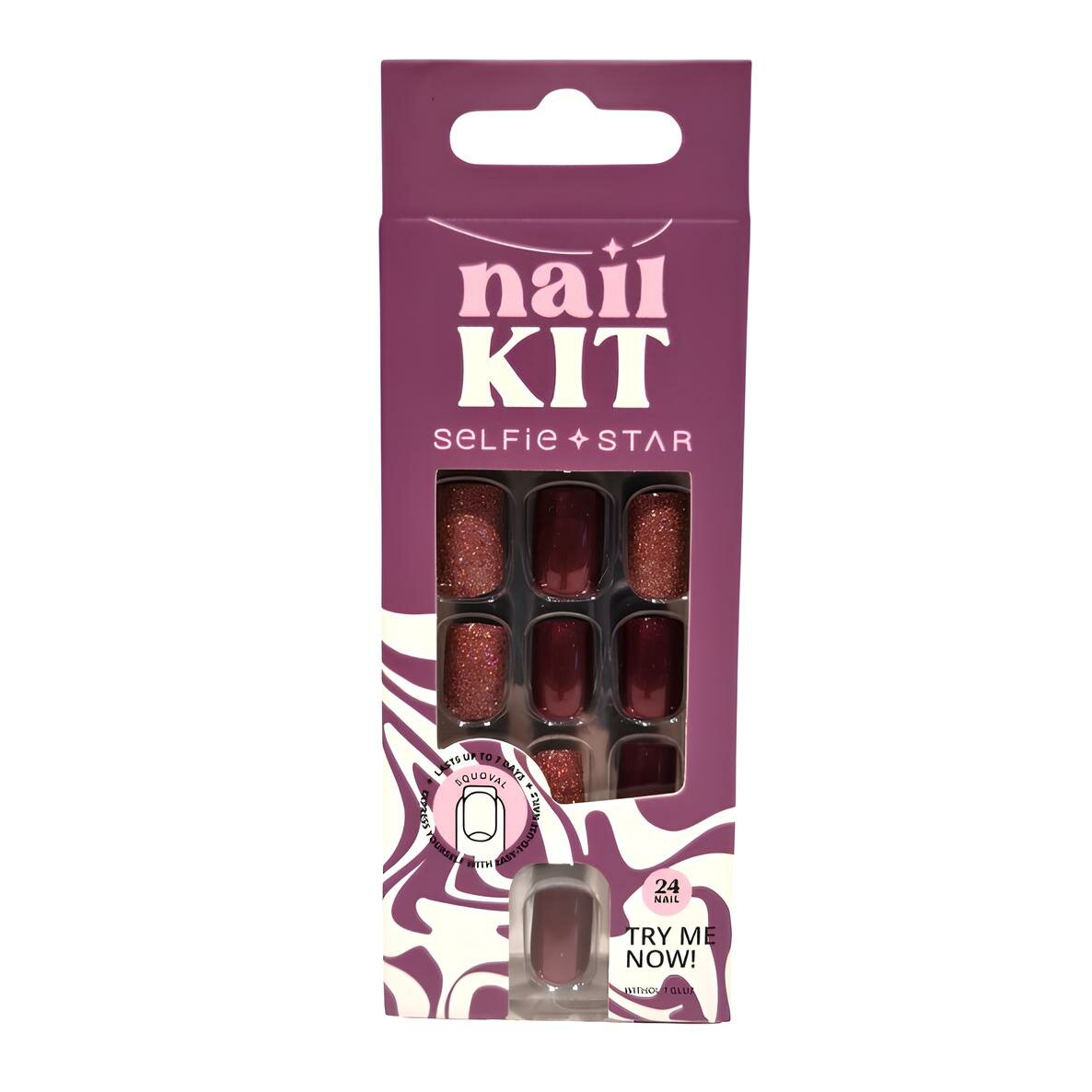 Набор накладных ногтей без клея Бордовый короткая длина Selfie Star Nails Kit Without Glue Bordeaux Short Length SSNK6261, 24 шт