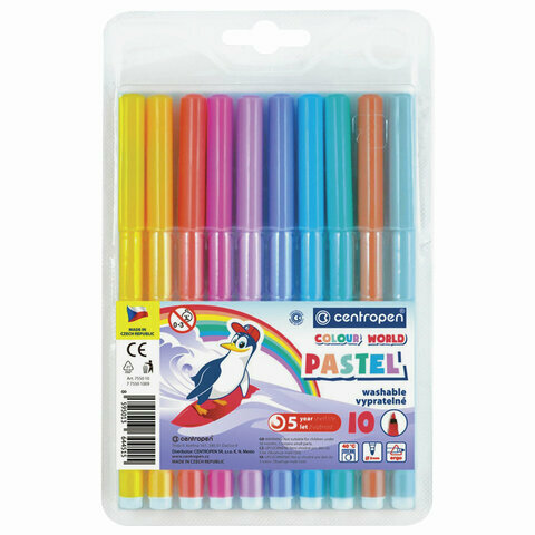 Фломастеры пастельные 10 цветов CENTROPEN "Colour World Pastel", смываемые, 7550/10TP, 7 7550 1087