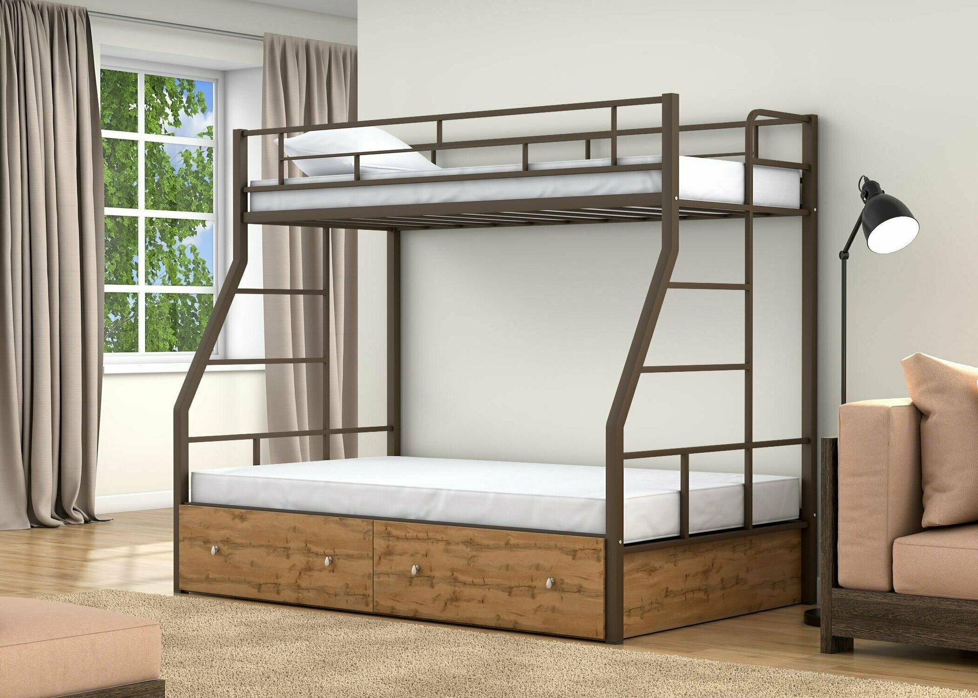 Двухъярусная кровать Раута Твист Коричневый ящики дуб крафт табак