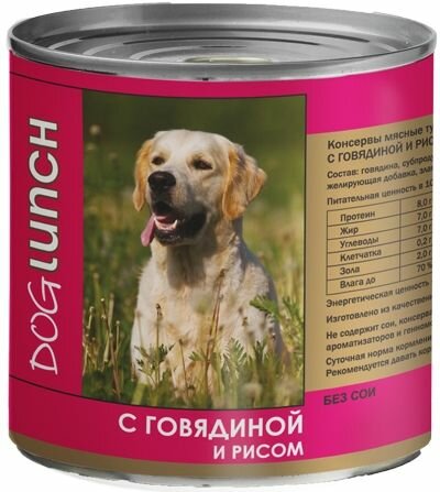 Dog Lunch Консервированный корм для собак, Говядина с рисом в желе, 750 гр