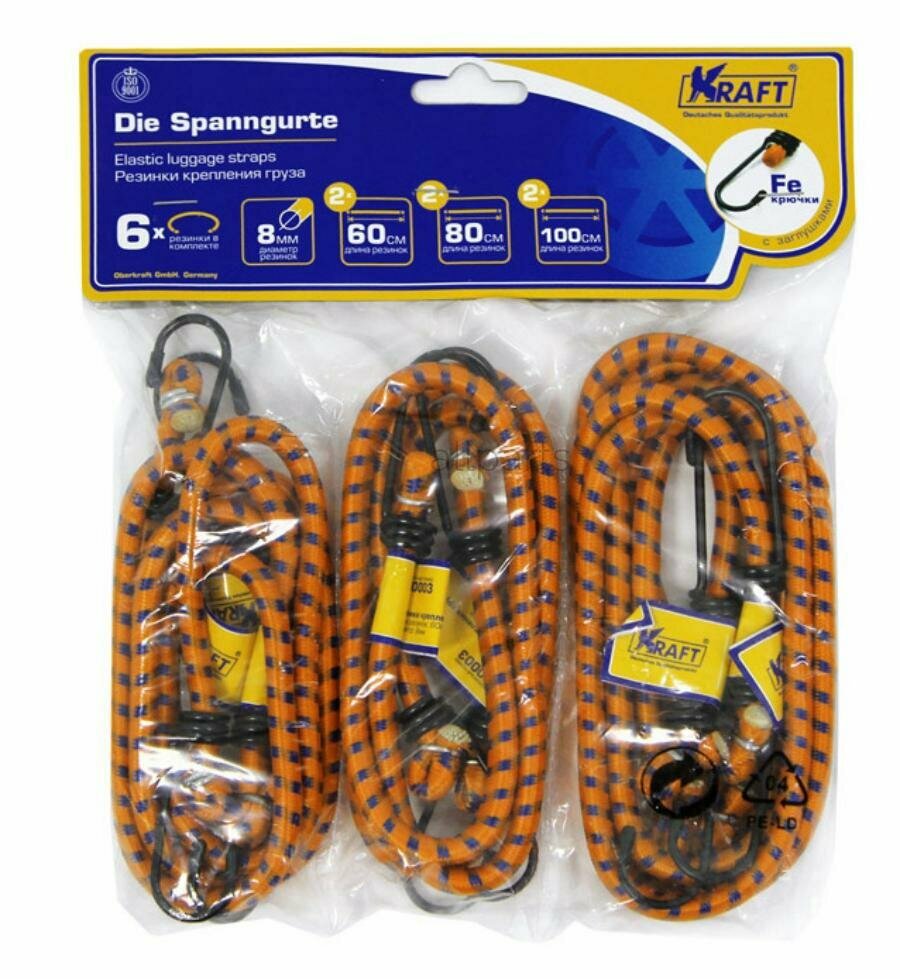 KRAFT KT860003 набор резинок 6 ШТ. 2 ШТ.- 60 СМ,2 ШТ.- 80 СМ, 2 ШТ.- 100 СМ, D=8 ММ(метал. Крючки)