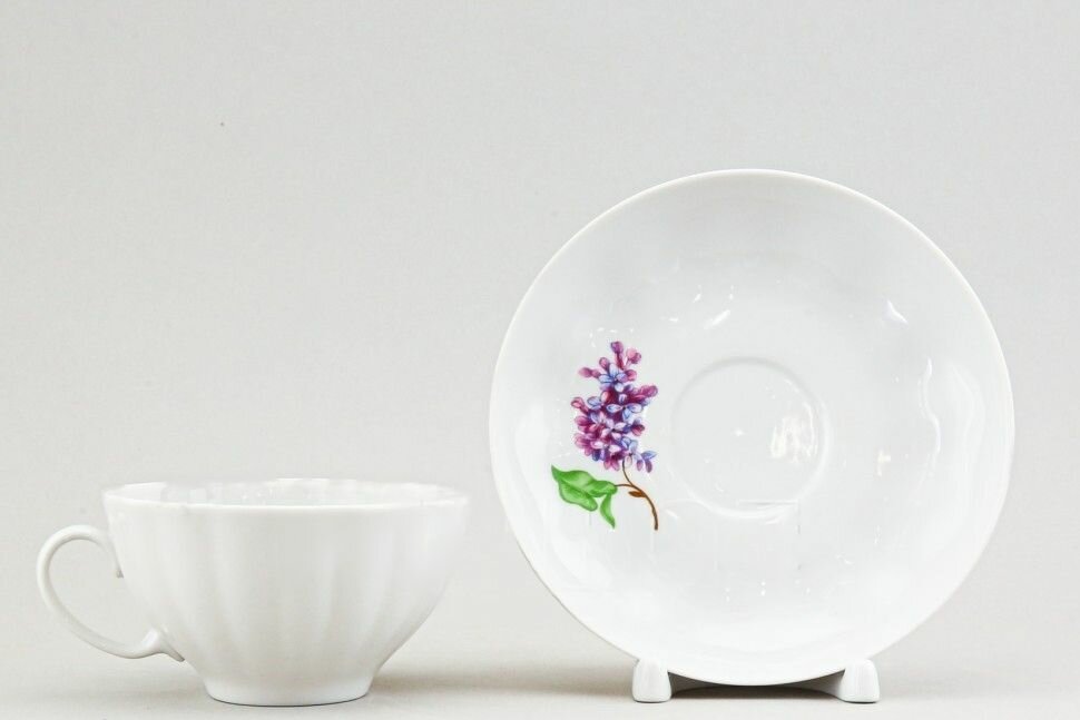 Пара чайная фарфоровая 275 мл. Дулево "Сирень" ф. Белый лебедь