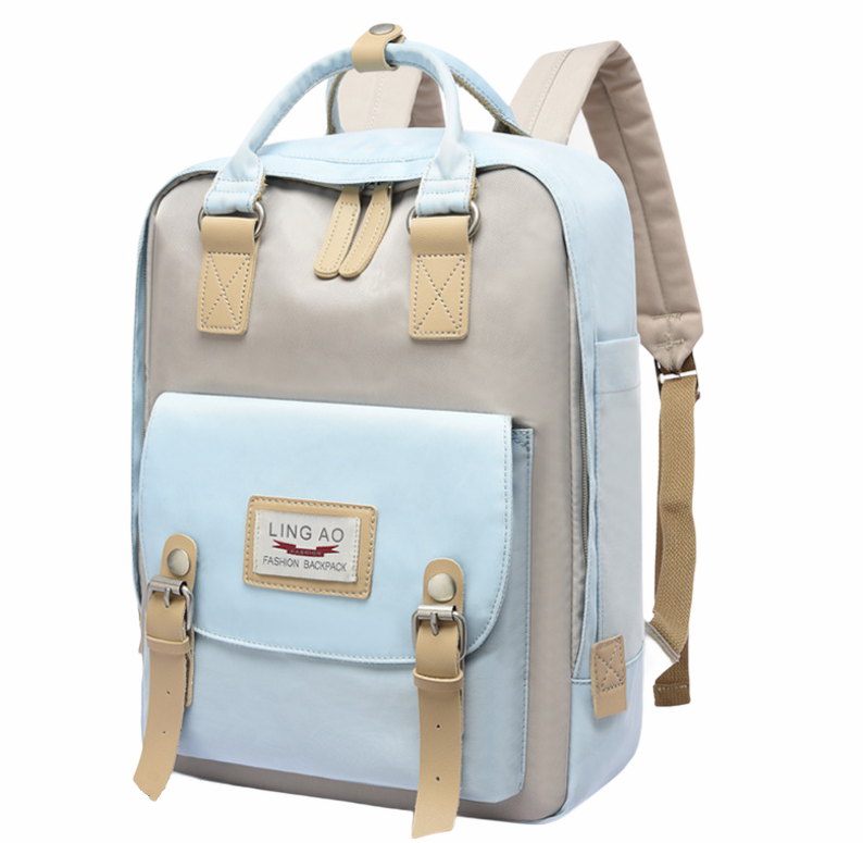 Рюкзак MyPads M-071 из качественной нейлоновой непромокаемой ткани, для ноутбука Dell Asus Acer Lenovo HP Xiaomi диагональю 14/15/15.6 дюймов. Женский детский молодежный винтажный стиль с кожаными вставками голубого цвета.