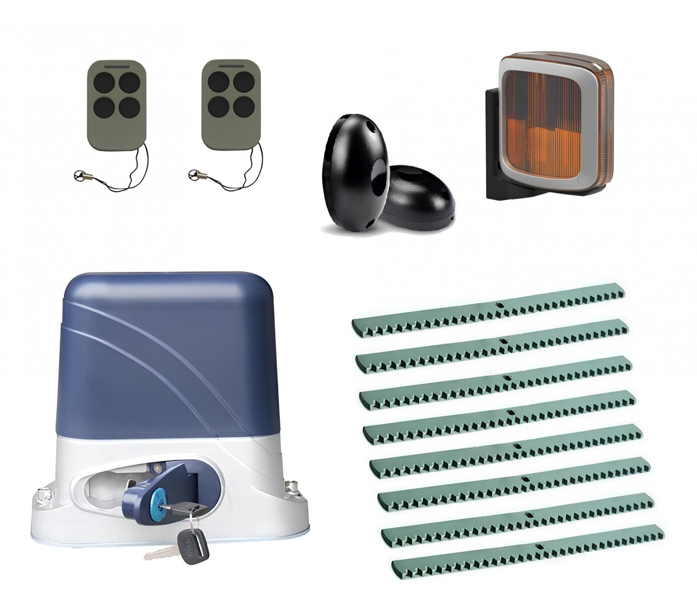 Автоматика для откатных ворот KSL-1300 FULL-2K8, комплект: привод, 2 пульта, фотоэлементы, лампа, 8 реек