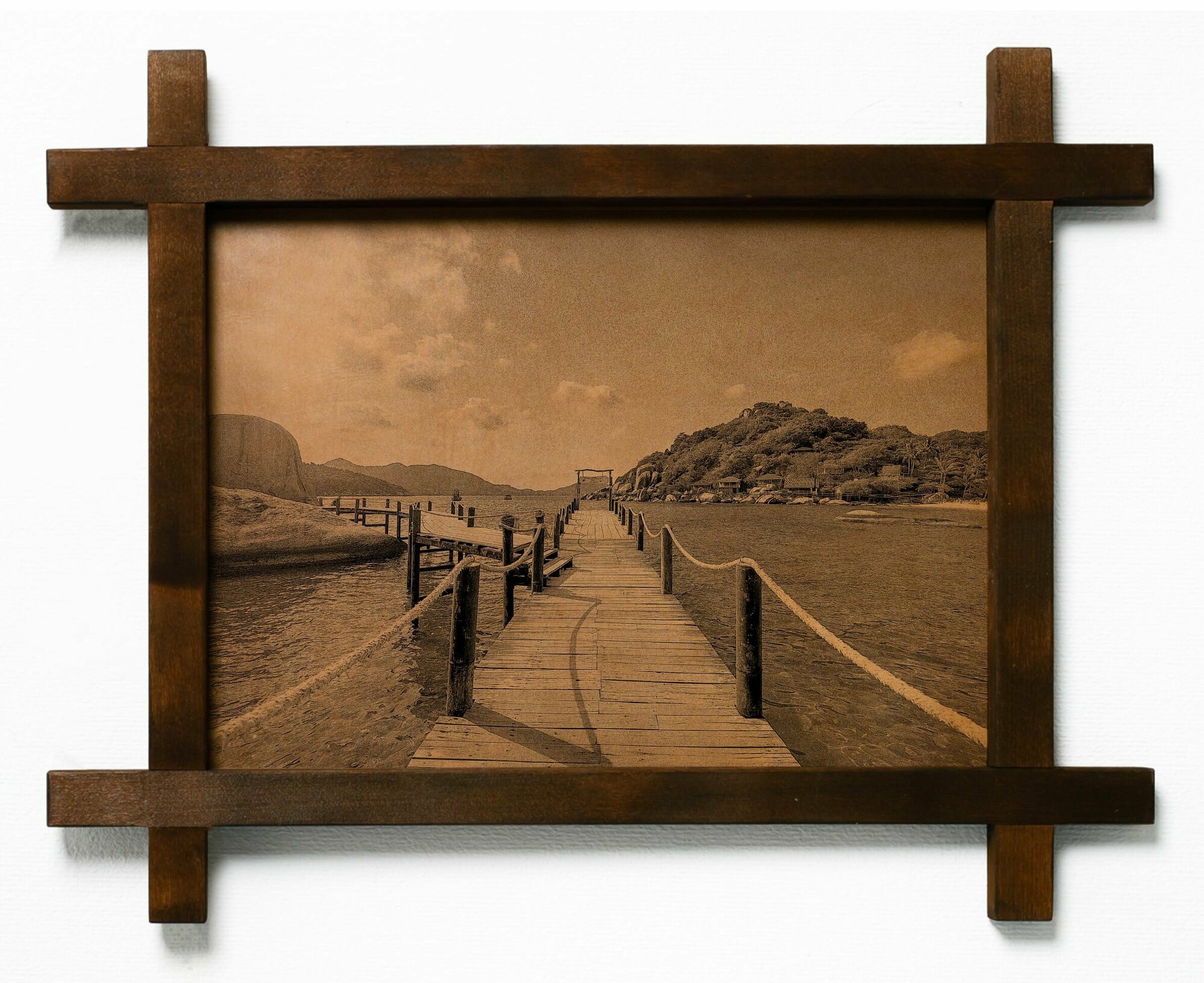 Картина интерьерная, натуральная кожа, "Деревянный мост", в деревянной раме, BoomGift