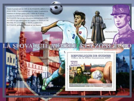 Почтовые марки Гвинея 2009г. "Знаменитости - вхождение Словакии в зону евро" Политики, Футбол, Монеты на марках MNH