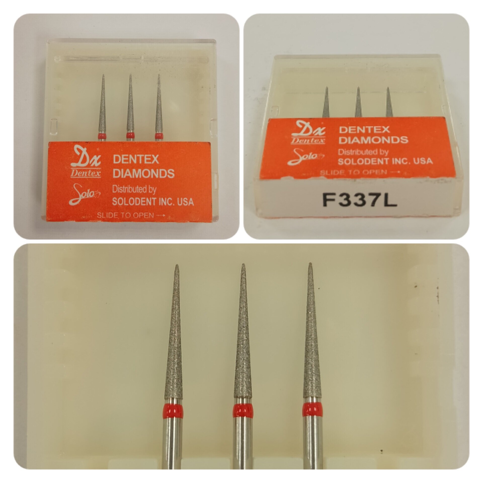 Боры стоматологические Dentex алмазные турбинные F 337L размер 016, игла, красная насечка, нержавеющая сталь, 3 штуки