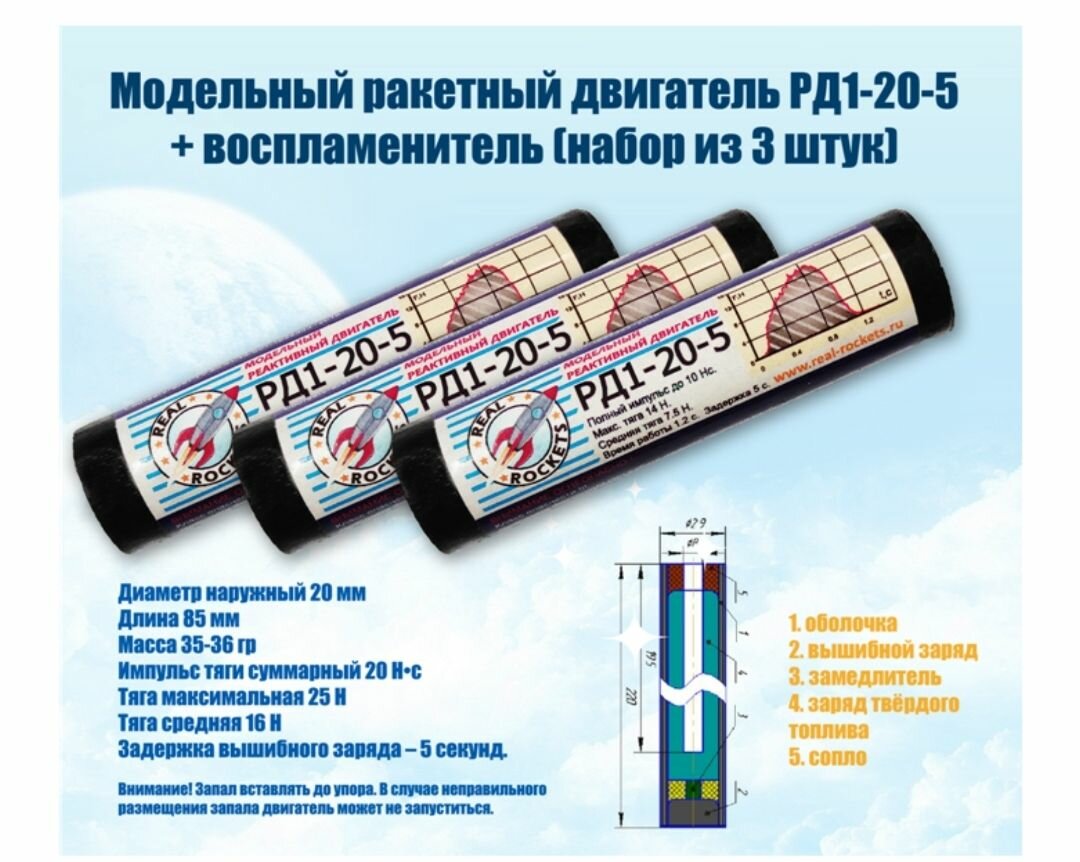 Модельный ракетный двигатель РД1-20-5 + воспламенитель (набор из 3 штук)