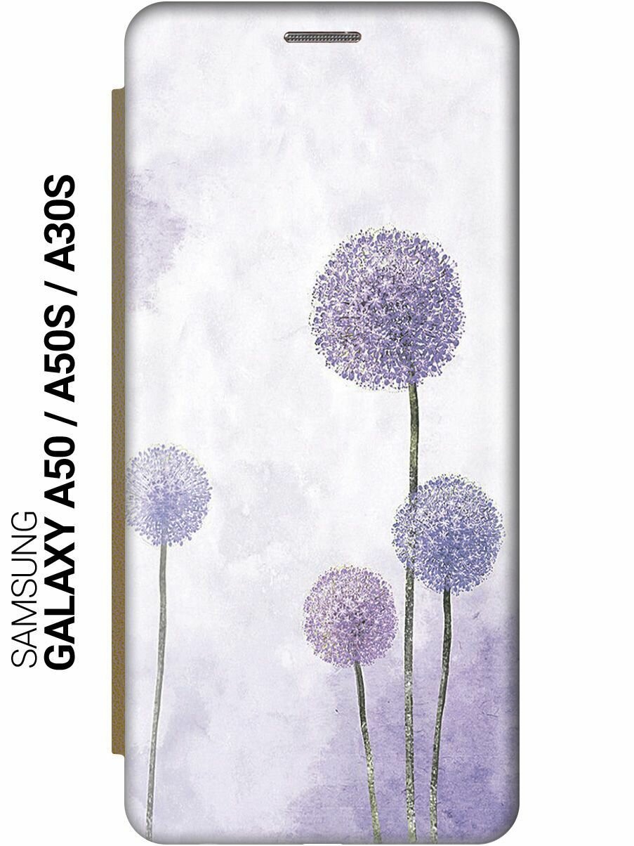 Чехол-книжка на Samsung Galaxy A50, A50s, A30s, Самсунг А50, А30с, А50с с 3D принтом "Сиреневые одуванчики" золотой