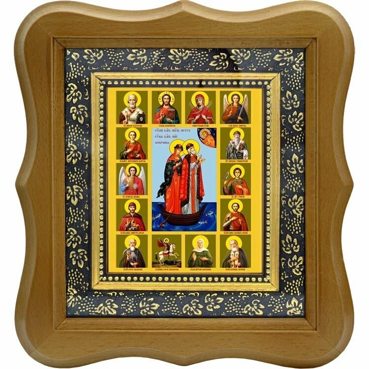 Петр и Феврония Муромские со Святыми. Икона на холсте. (10 х 12 см / В фигурном киоте)