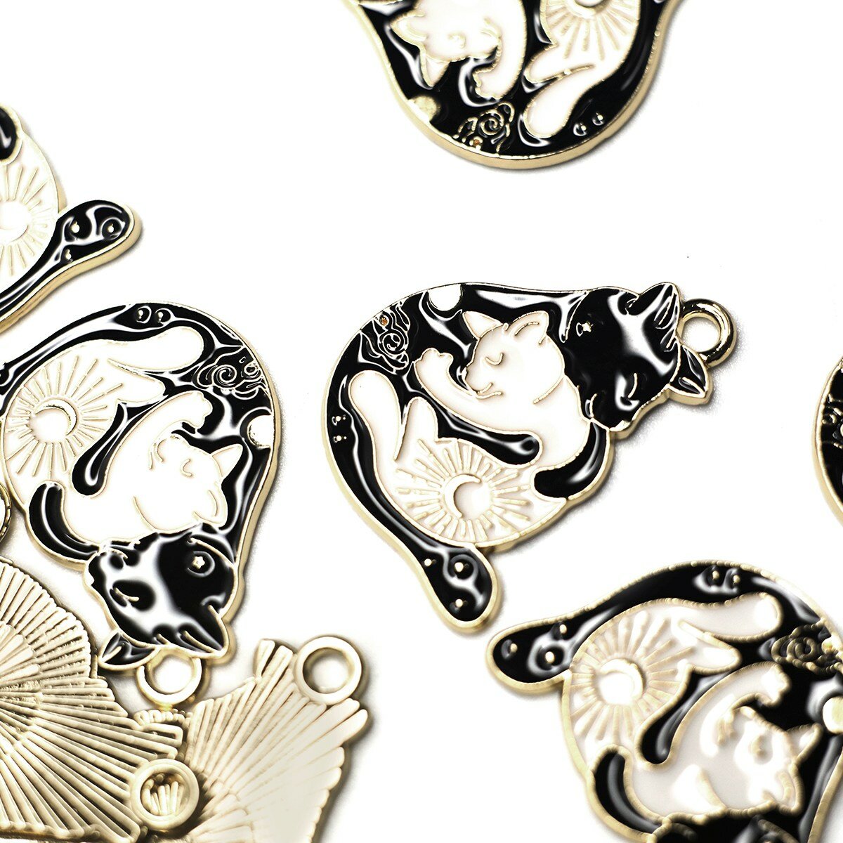 Кулон Подвеска металлическая котики 5 шт. для рукоделия / браслета / сережек, с эмалью, черный/белый, 29x24x1.5 мм