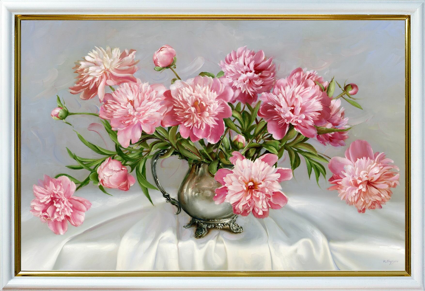 Картина, "Розовые пионы", 30х20 см, художник - Бузин Игорь. Оформлена в багет, Арт. БИ11-30х20