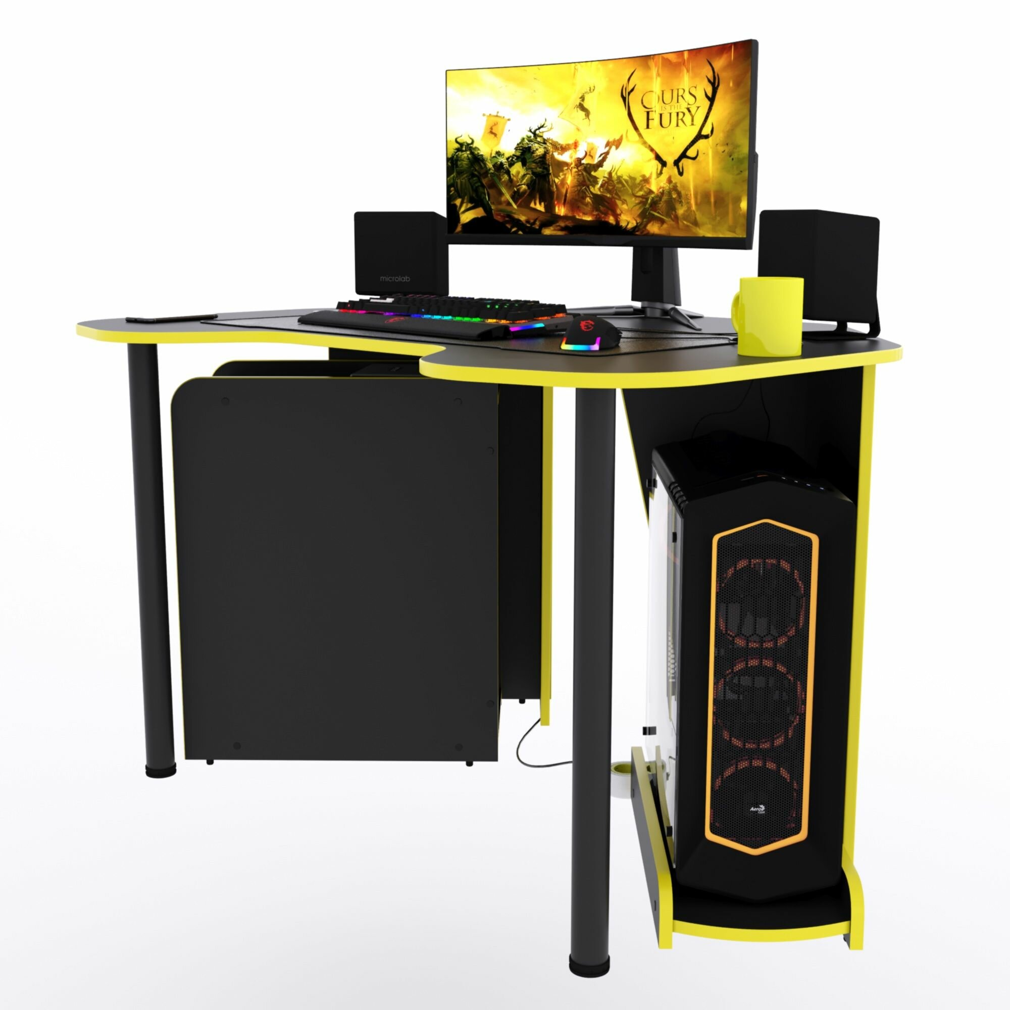 Угловой компьютерный стол "Угол" с тумбой, 120x87x75 см, чёрный с жёлтой кромкой