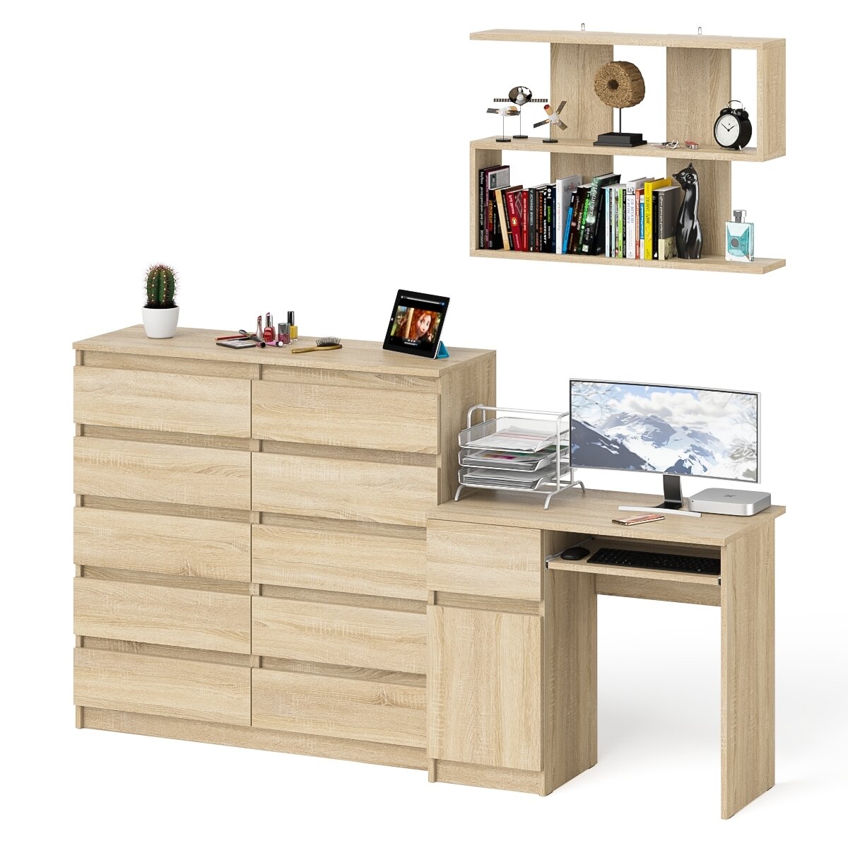 Комод 10-ть ящиков СВК Мори МК1200.10 с компьютерным столом левый и полкой цвет дуб сонома