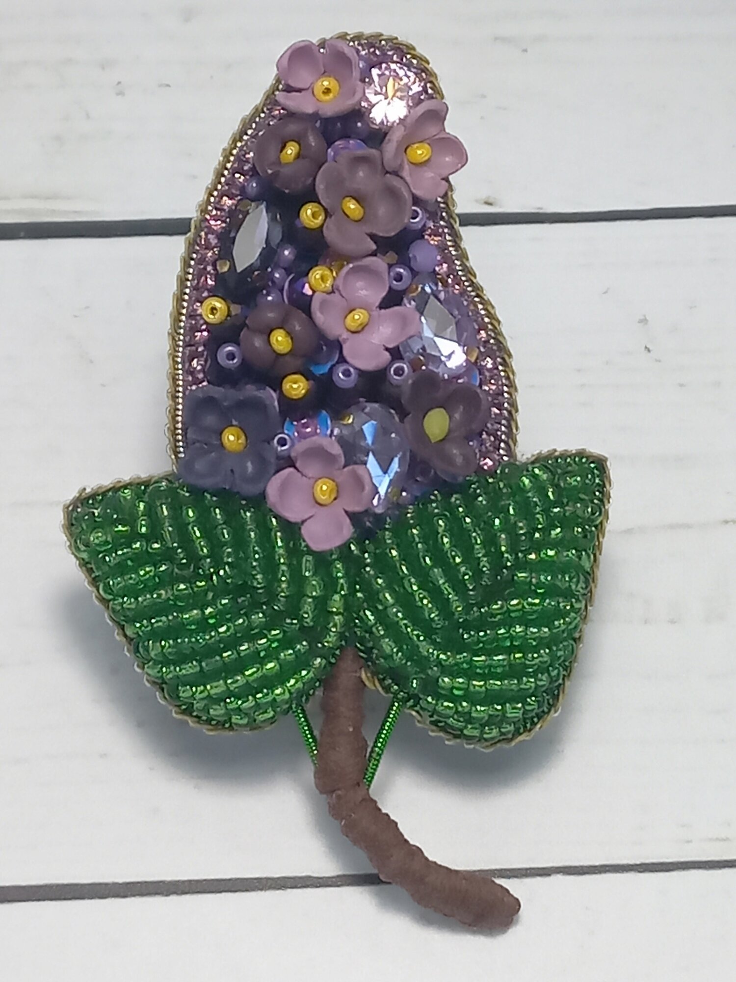 Брошь, бисер, фианит, стекло