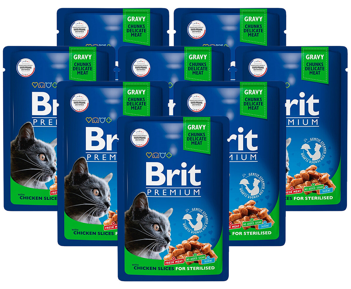 Корм влажный Brit Premium Cat Chicken Slices For Sterilised для взрослых кастрированных котов и стерилизованных кошек с курицей пауч кусочки в соусе, 85 г х 8 шт