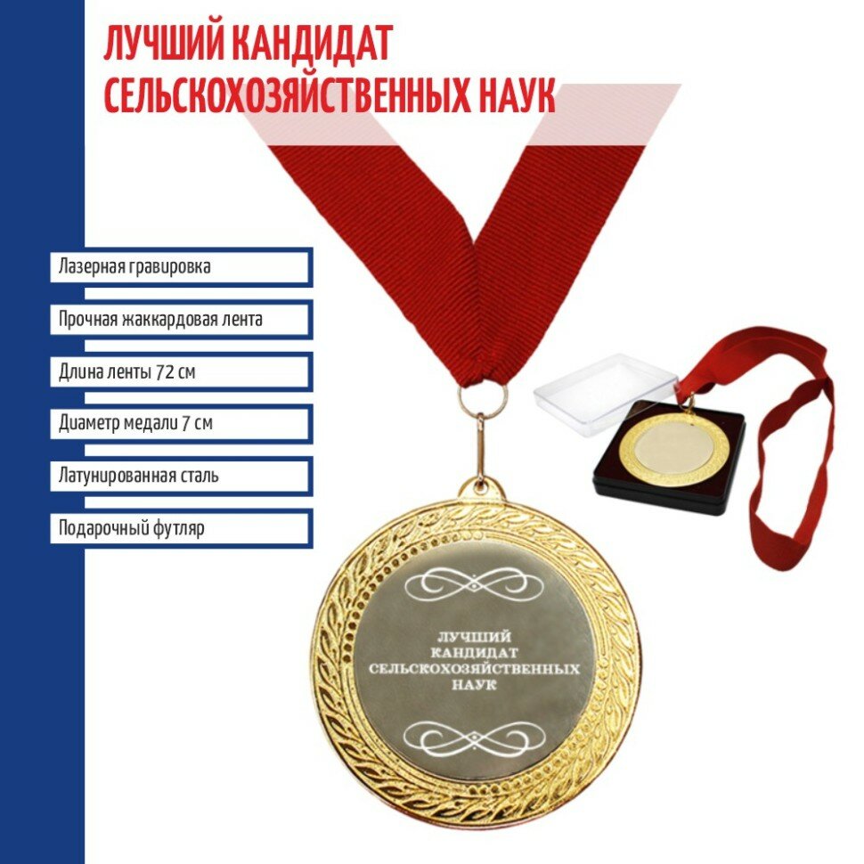 Сувенирная медаль "Лучший кандидат сельскохозяйственных наук" на ленте (7 см)