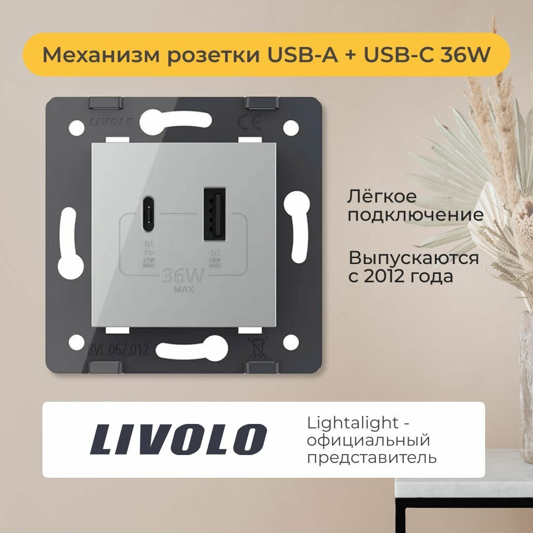 Механизм розетки Livolo USB-A + USB-C 36W (VL-FCUA18W. UC18W-2IP)