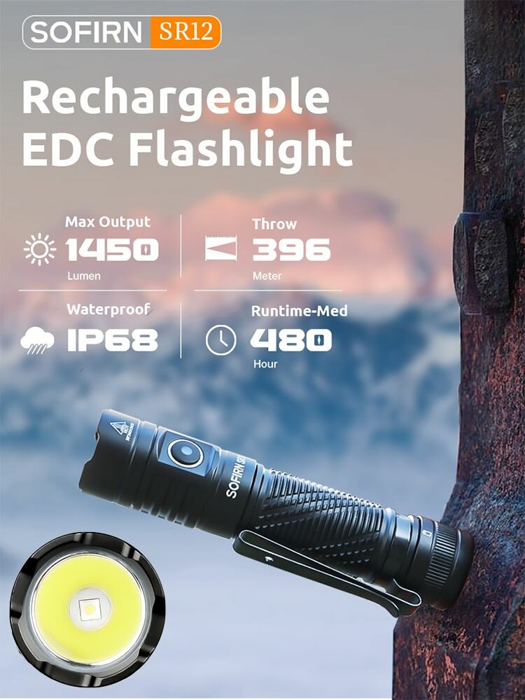 Sofirn SR12 6000-6500K EDC фонарик 1450LM Мощный свет 18650 USB C Перезаряжаемый фонарь IP68