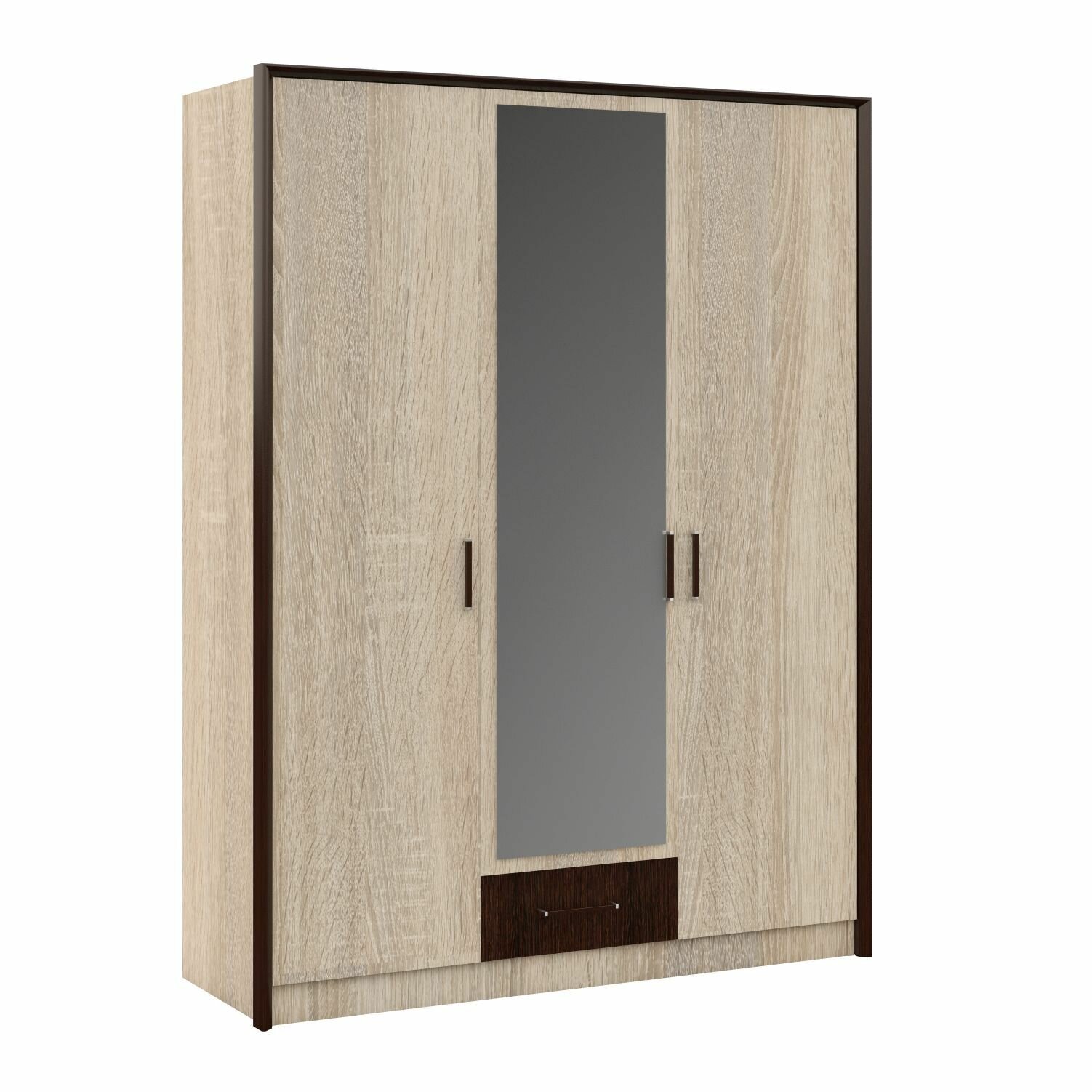 Распашной шкаф для одежды Эшли, трехдверный с зеркалом, 136х58х211см, Венге/сонома