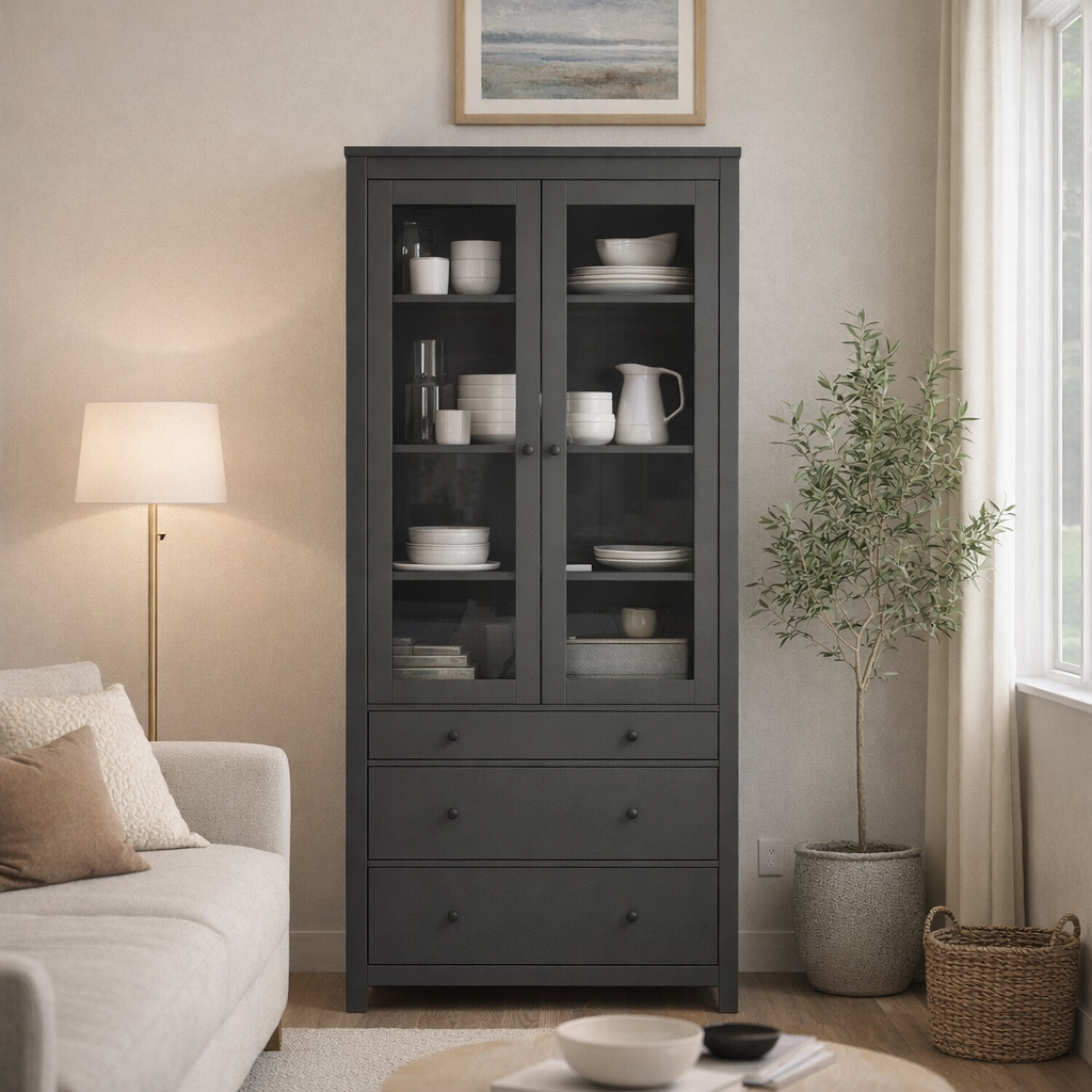 Шкаф с витриной икеа Сага, 90х41х215 см, серый