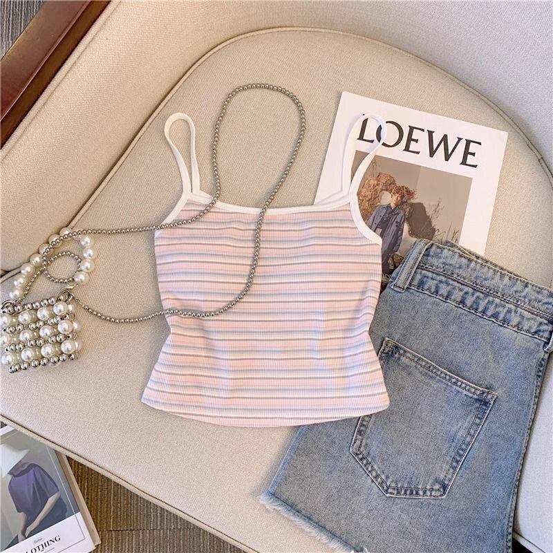 Кроп-топ для похудения, стиль допамина, свежий стиль, майка, корейская версия, полосатый топ с завышенной талией, фиксированный чашечный топ, стиль сладкой горячей девушки
