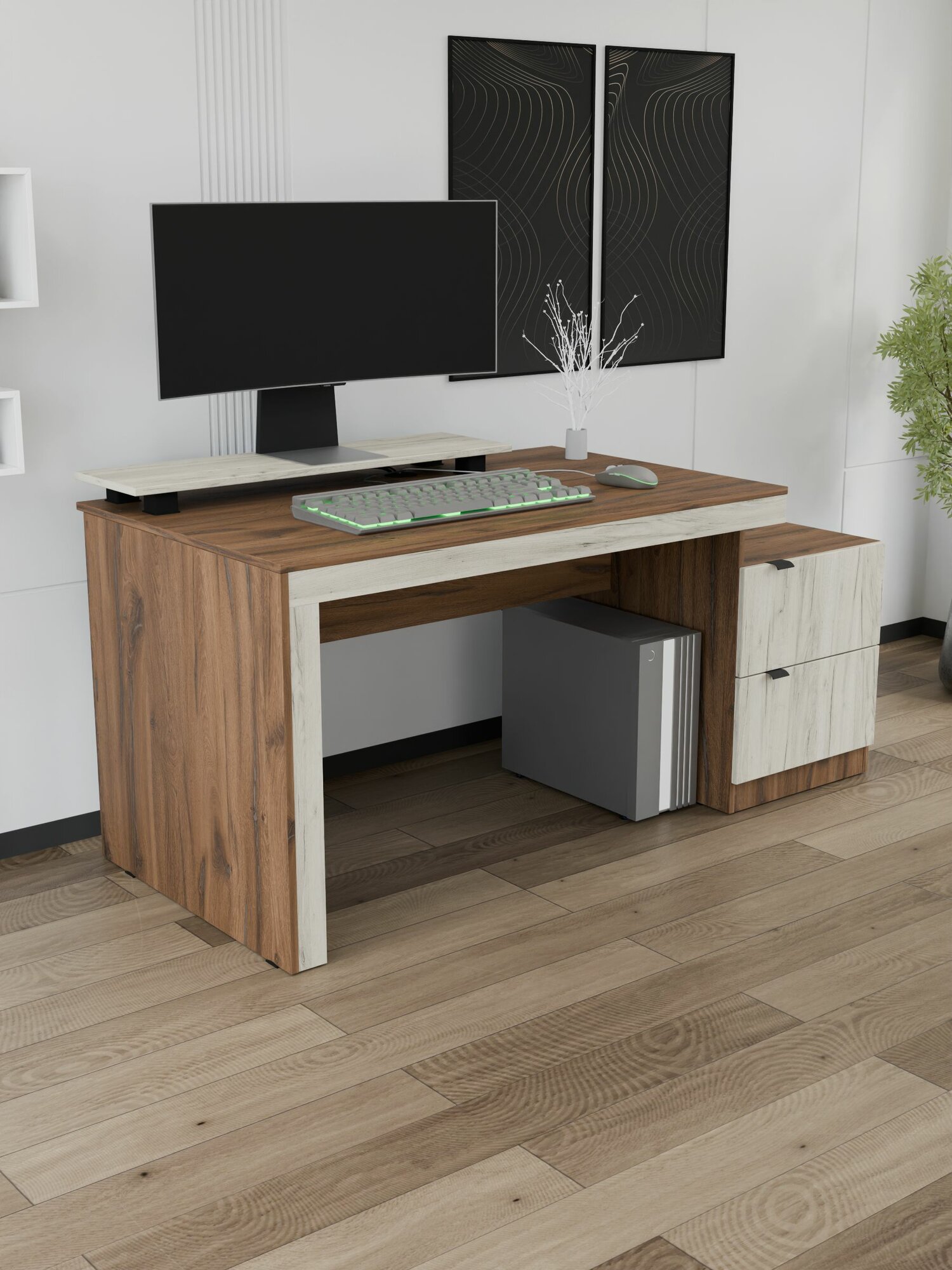 Изумлит Стол компьютерный для офиса и дома Вертикаль Компакт Лайт 165х73х74.5 см, тумба справа, дуб крафт табачный - дуб крафт белый