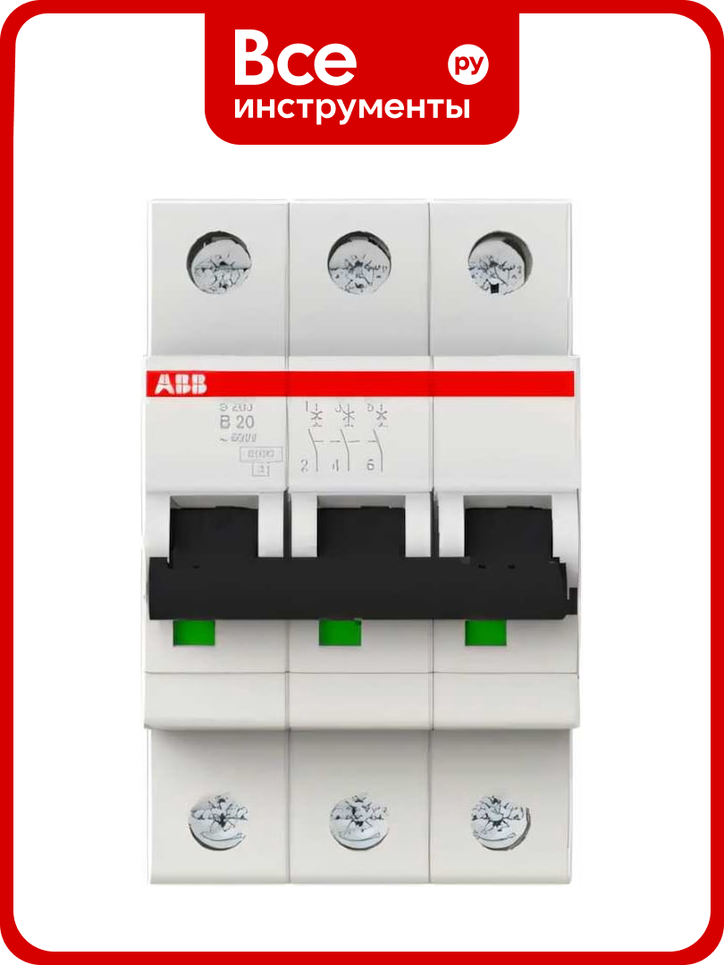 Автоматический выключатель ABB S203 трёхполюсный для DIN-рейки, тип B, действие AC/DC, защита от замыкания, серый корпус