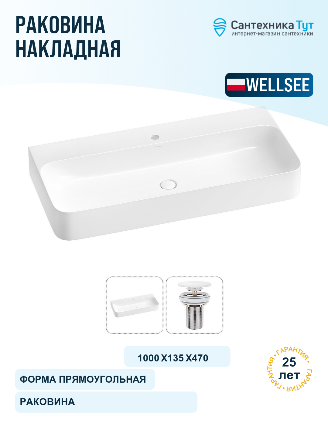 Раковина Wellsee Clermont 100 302604000 цвет Белый глянцевый
