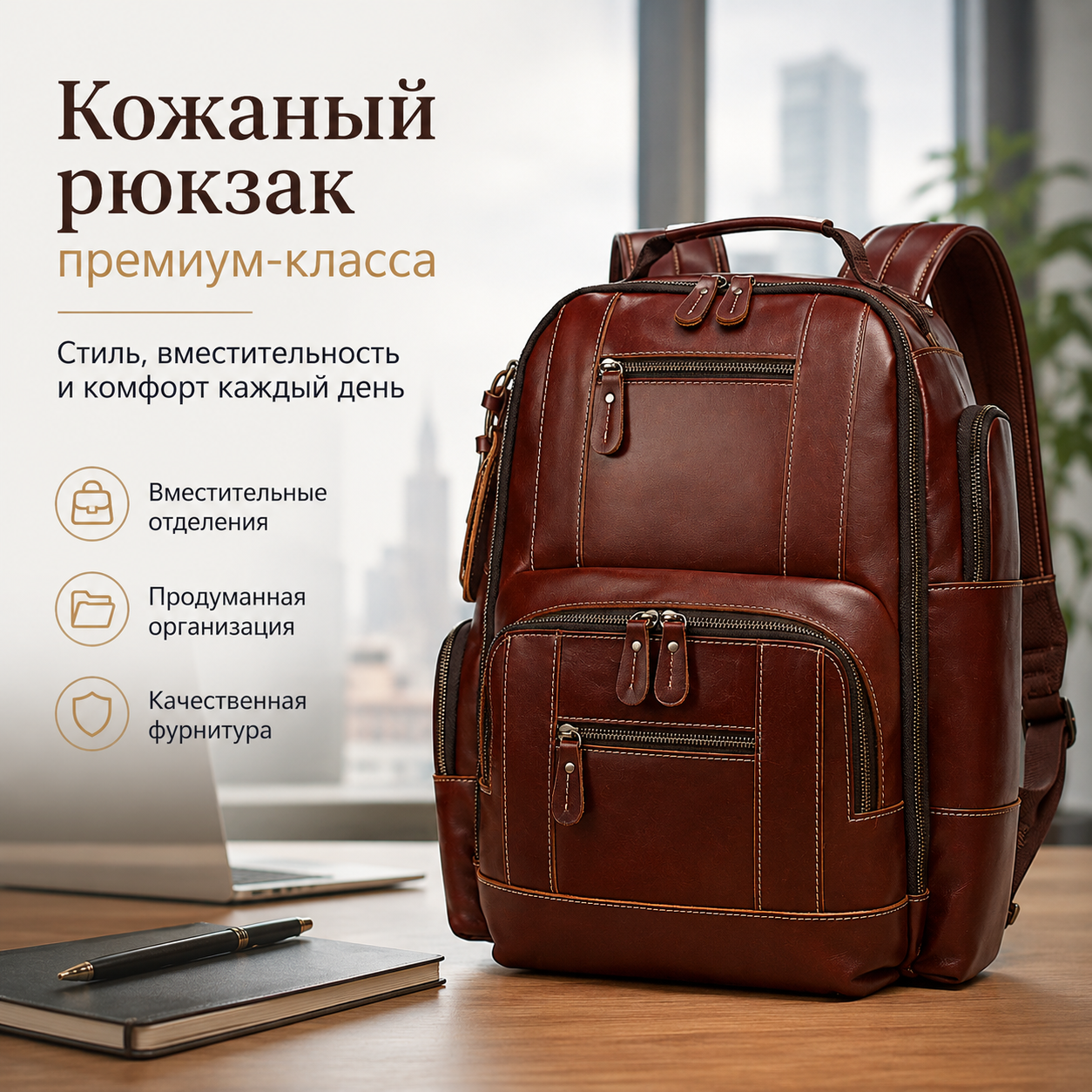 Рюкзак, натуральная кожа, кофейный, мужской, для открытого воздуха, многофункциональный